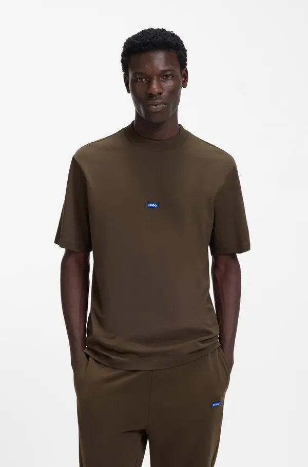 Hugo Cotton-jersey T-shirt With Blue Logo Patch - Dark Brown