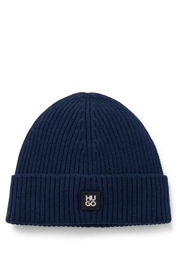 Hugo Stacked-logo Virgin Wool Beanie - Dark Blue
