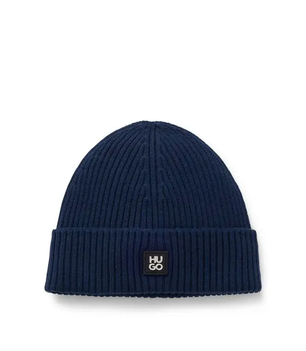 Hugo Stacked-logo Virgin Wool Beanie - Dark Blue