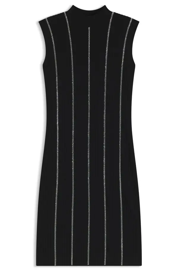 Hugo Bodycon Knit Dress With Rhinestone Stripes - Black