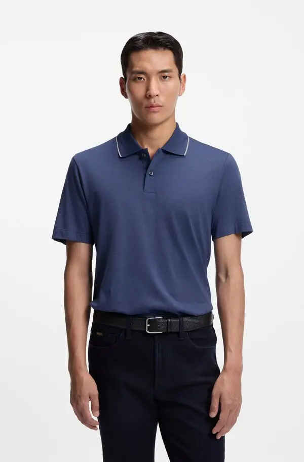 BOSS Collar-tipping Polo Shirt In Cotton And Silk - Light Blue