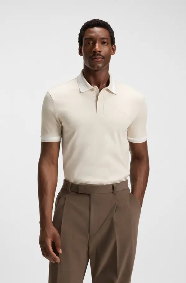 BOSS Structured-trim Slim-fit Polo Shirt In Mercerised Cotton - Beige