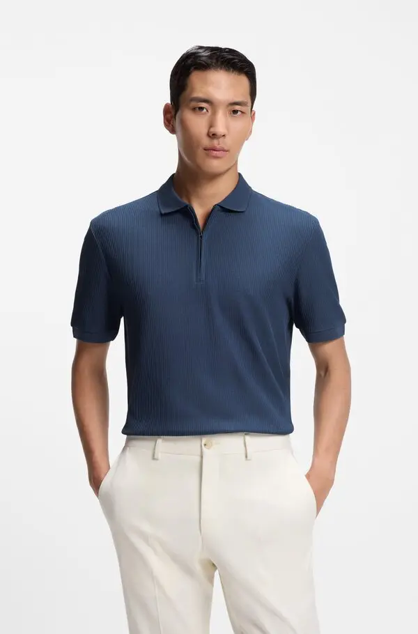 BOSS Zip-placket Polo Shirt In Structured Cotton - Light Blue