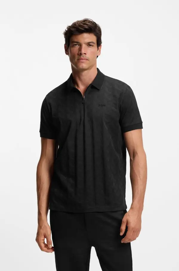 BOSS Jacquard-pattern Polo Shirt In Mercerised Cotton - Black