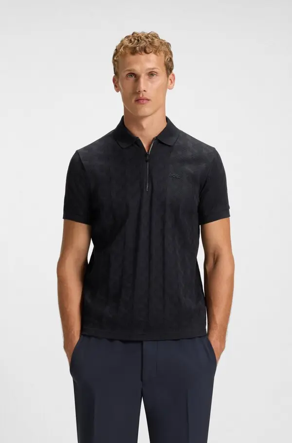 BOSS Jacquard-pattern Polo Shirt In Mercerised Cotton - Dark Blue