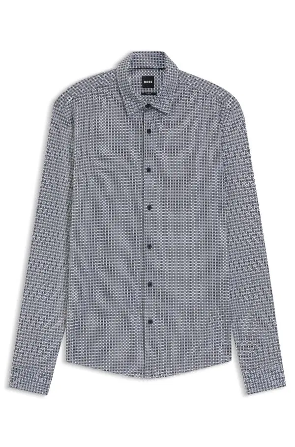 BOSS Printed Slim-fit Shirt In Flex-weave Fabric - Dark Blue