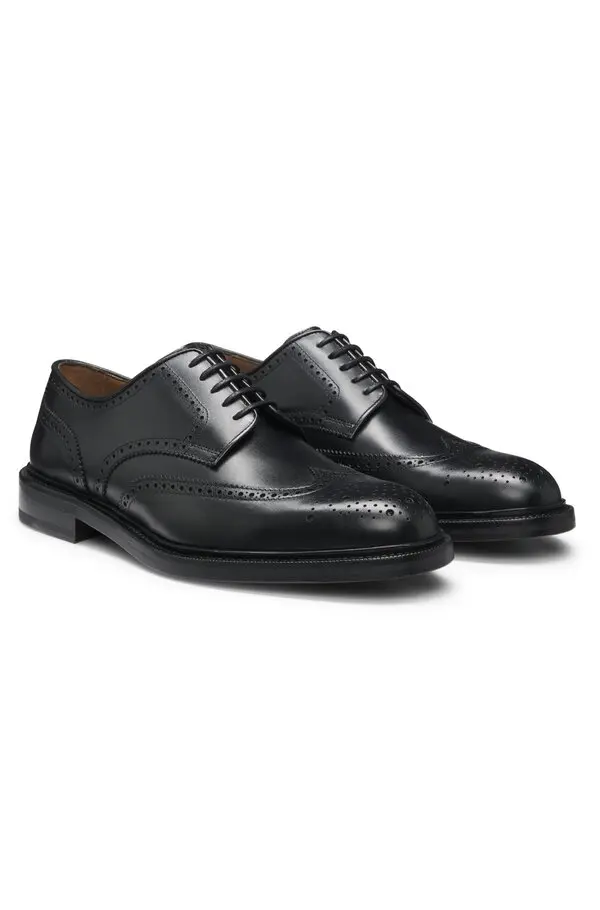 BOSS Brogue-detail Derby Shoes In Burnished Leather - Black