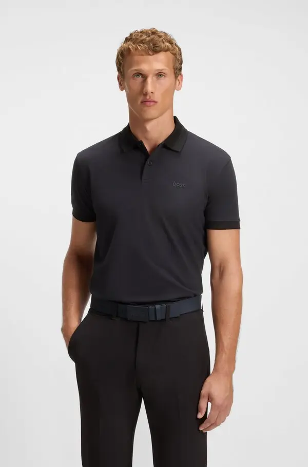 BOSS Stripe-collar Polo Shirt In Cotton Piqu - Dark Blue