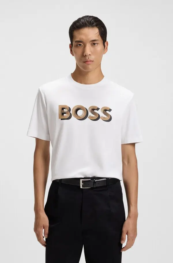 BOSS Logo-artwork T-shirt In Mercerised Cotton - White