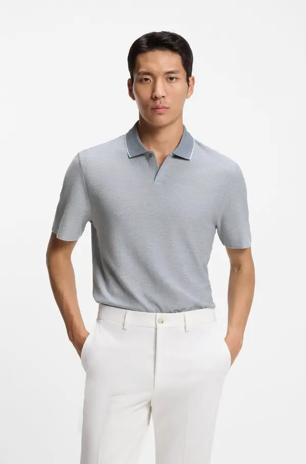 BOSS Cotton-silk Polo Shirt With Three-tone Structure - Light Blue