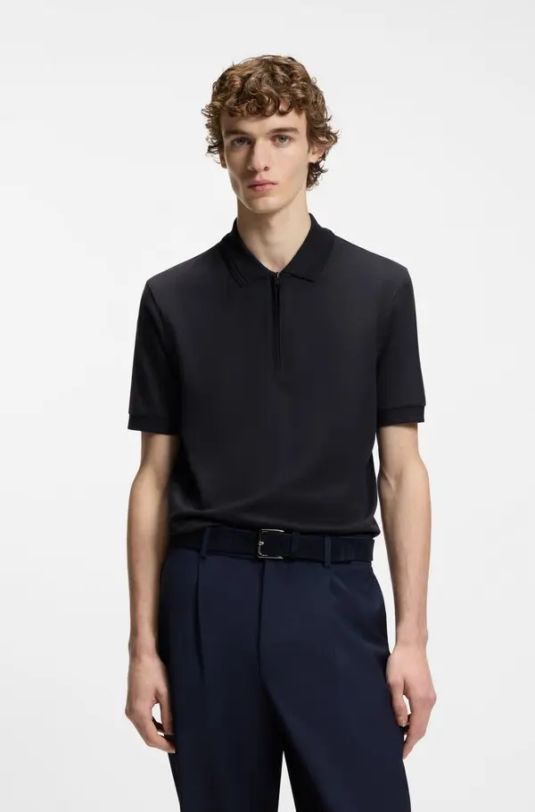 BOSS Zip-placket Polo Shirt In A Cotton Blend - Dark Blue