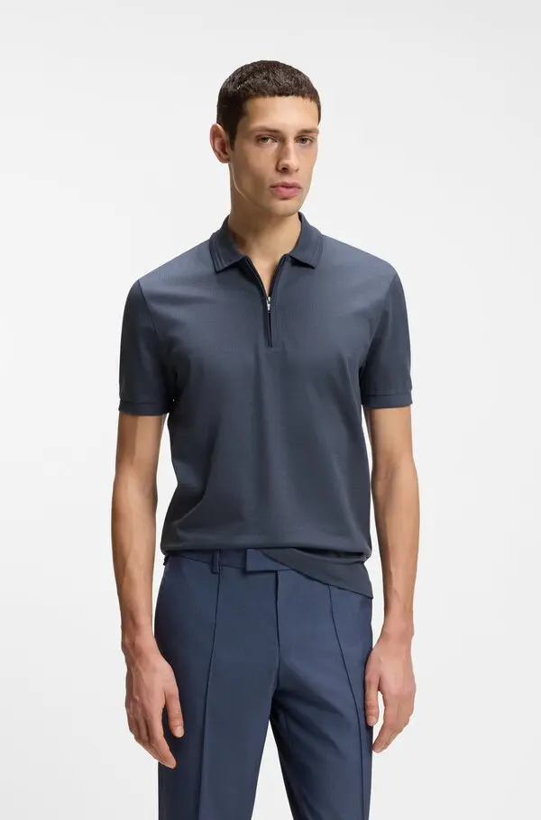 BOSS Zip-placket Polo Shirt In A Cotton Blend - Light Blue