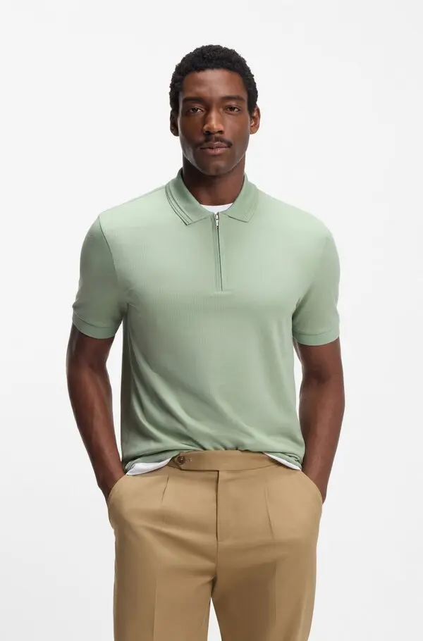 BOSS Zip-placket Polo Shirt In A Cotton Blend - Light Green