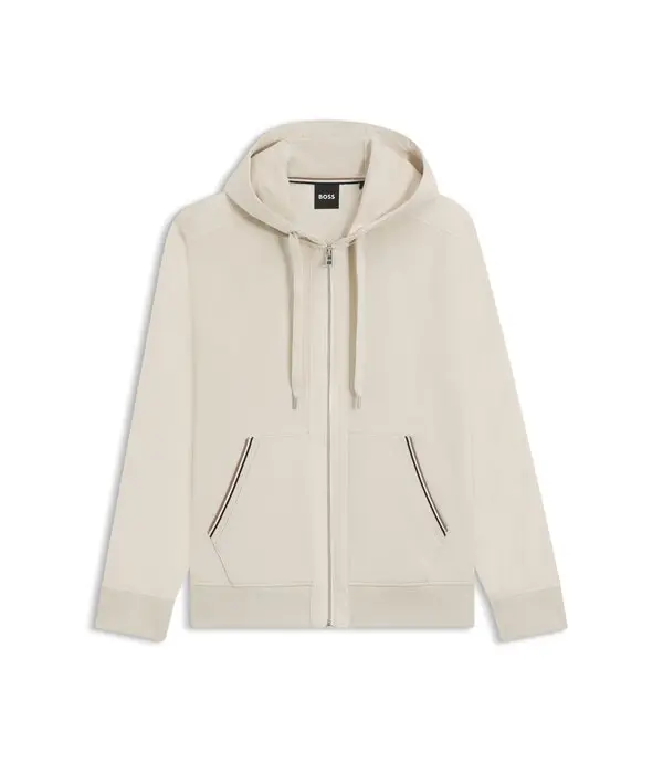 BOSS Cotton-terry Zip-up Hoodie With Striped Trims - White
