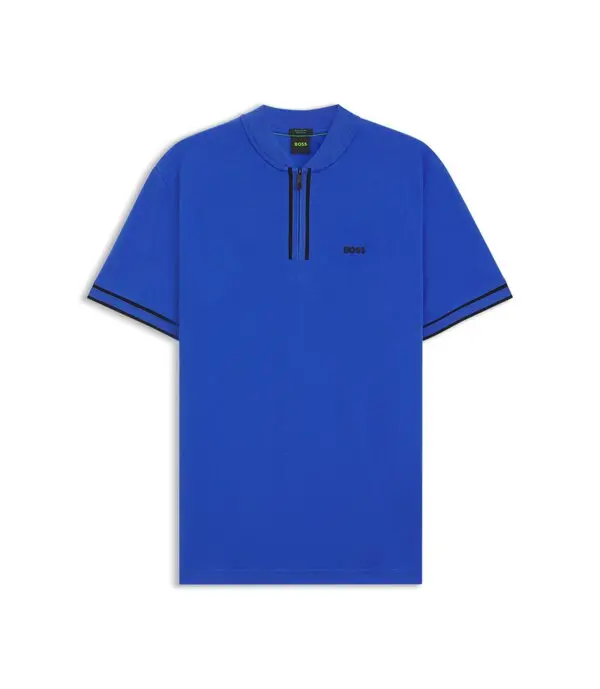 BOSS Zip-neck Polo Shirt In Stretch-cotton Piqu - Blue