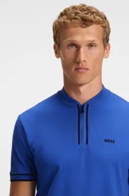 BOSS Zip-neck Polo Shirt In Stretch-cotton Piqu - Blue