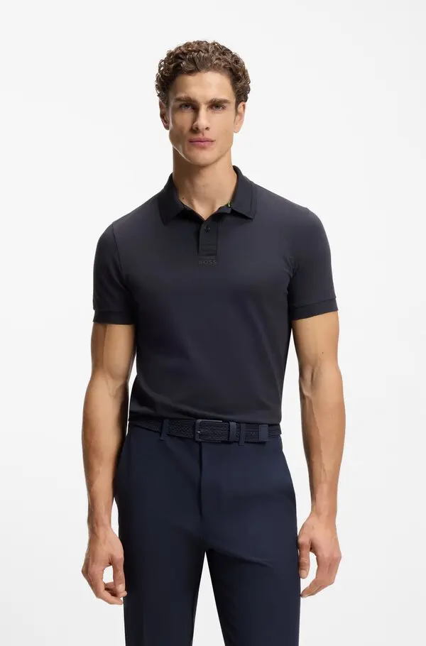 BOSS Centred-logo Slim-fit Polo Shirt In Cotton Piqu - Dark Blue