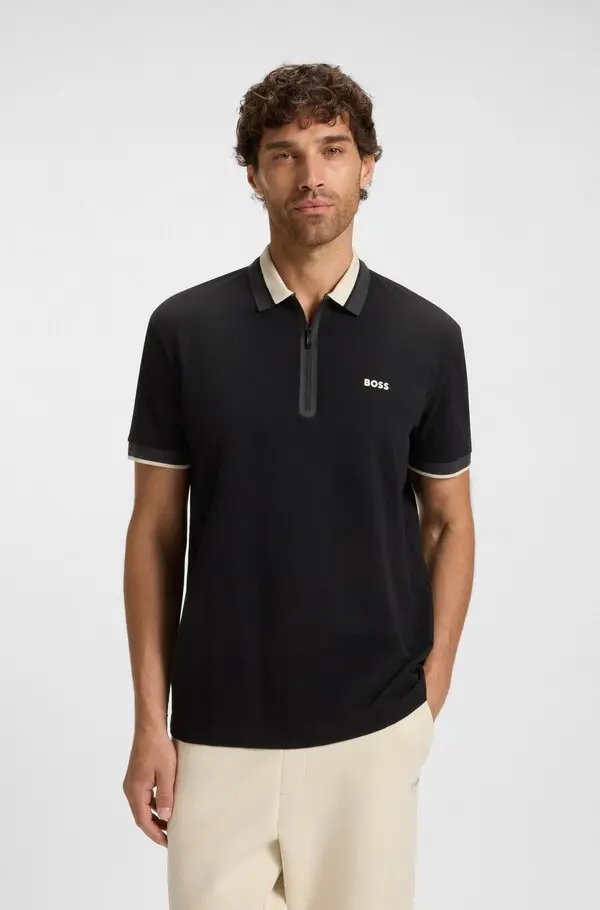 BOSS Zip-placket Polo Shirt In Cotton Piqu - Black