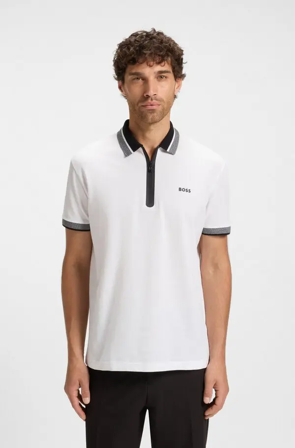 BOSS Zip-placket Polo Shirt In Cotton Piqu - White