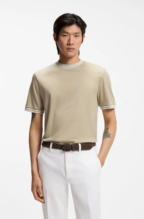 BOSS Contrast-tipping Slim-fit T-shirt In Mercerised Cotton - Light Beige