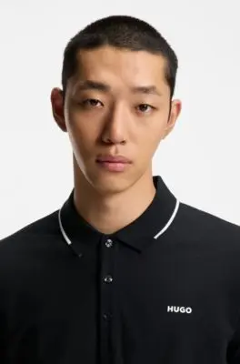 Hugo Embroidered-logo Slim-fit Polo Shirt In Stretch Cotton - Black