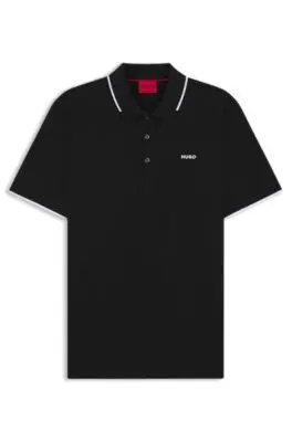 Hugo Embroidered-logo Slim-fit Polo Shirt In Stretch Cotton - Black