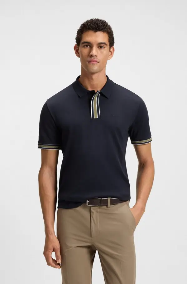 BOSS Interlock-cotton Polo Shirt With Contrast Tipping - Dark Blue