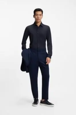 BOSS Performance-stretch Slim-fit Shirt In Structured Jersey - Dark Blue