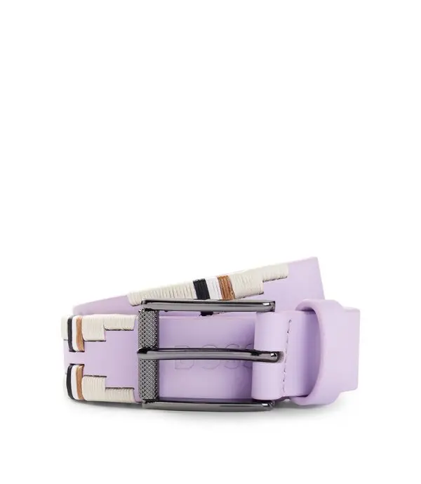 BOSS Equestrian Leather Belt With Embroidered Pattern - Light Purple