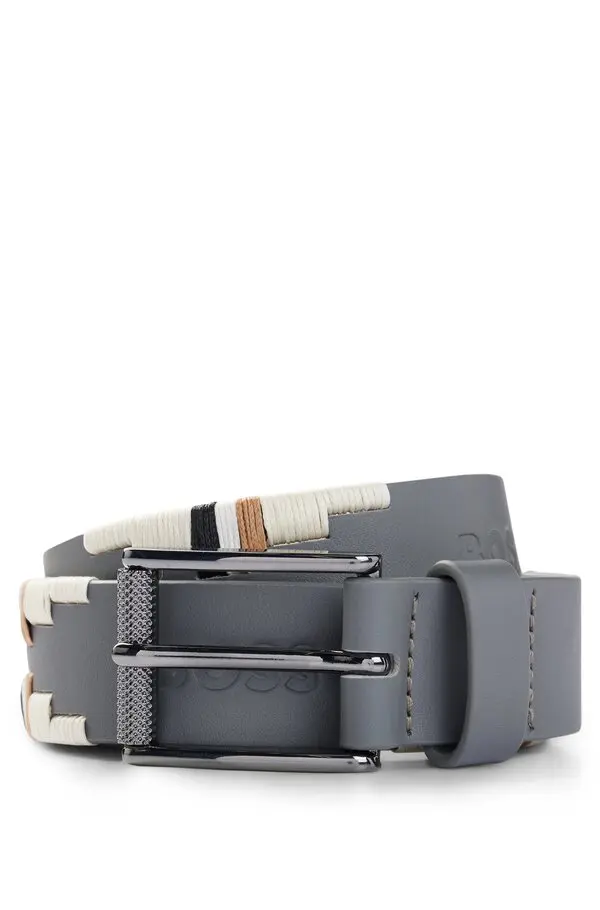 BOSS Equestrian Leather Belt With Embroidered Pattern - Silver