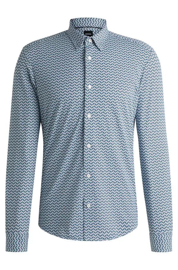 BOSS Slim-fit Shirt In Printed Performance-stretch Fabric - Blue