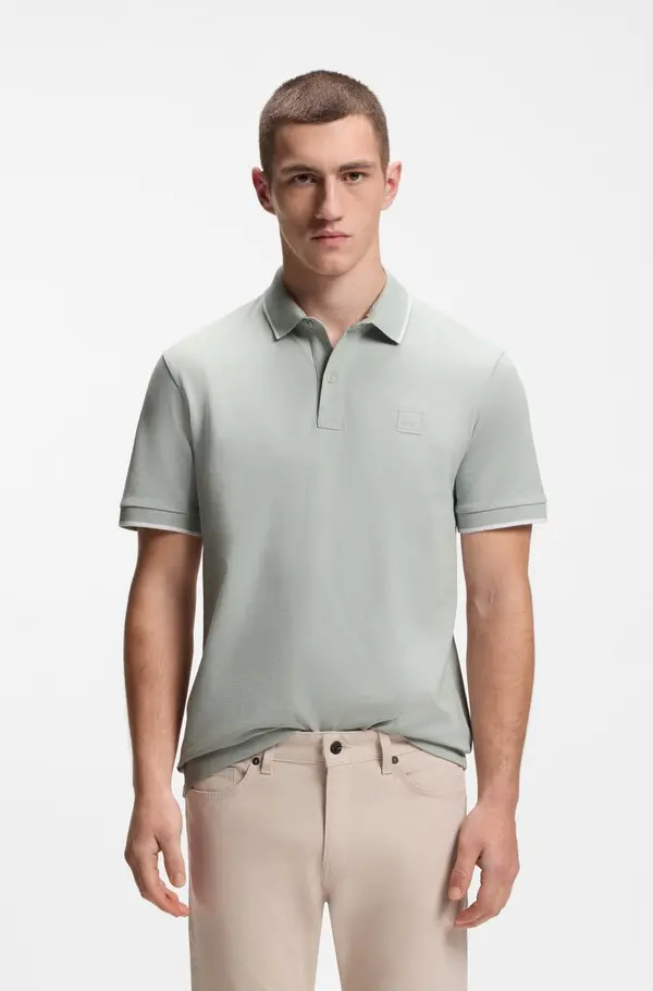 BOSS Logo-patch Slim-fit Polo Shirt In Stretch Cotton - Silver