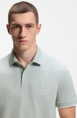 BOSS Logo-patch Slim-fit Polo Shirt In Stretch Cotton - Silver
