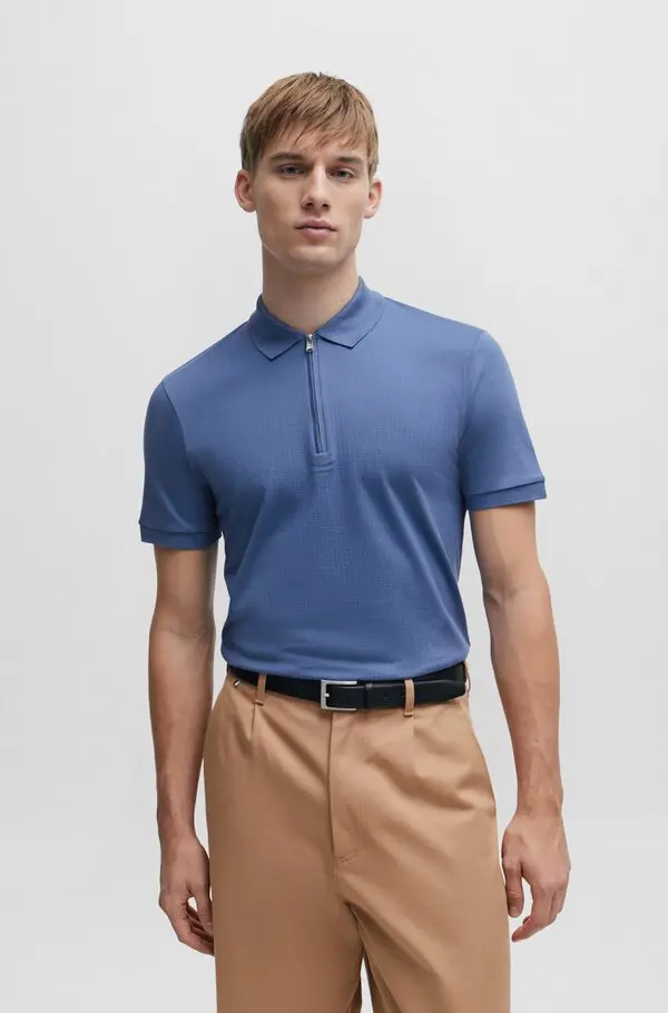 BOSS Structured-cotton Slim-fit Polo Shirt With Zip Placket - Light Blue