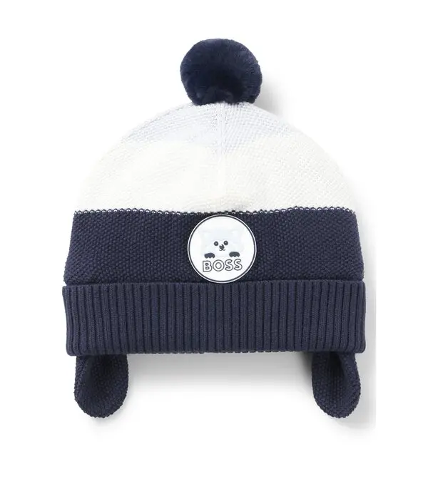 BOSS Cotton Beanie Hat With Pom-pom And Logo - Dark Blue