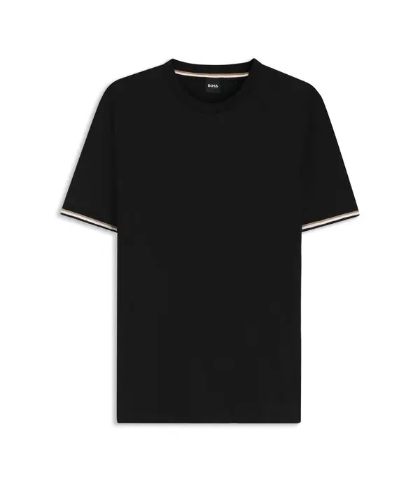 BOSS Cotton-jersey T-shirt With Signature-stripe Cuffs - Black