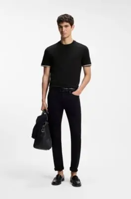BOSS Cotton-jersey T-shirt With Signature-stripe Cuffs - Black