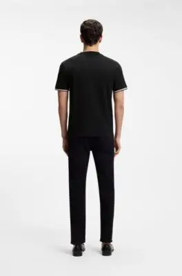 BOSS Cotton-jersey T-shirt With Signature-stripe Cuffs - Black