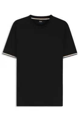 BOSS Cotton-jersey T-shirt With Signature-stripe Cuffs - Black
