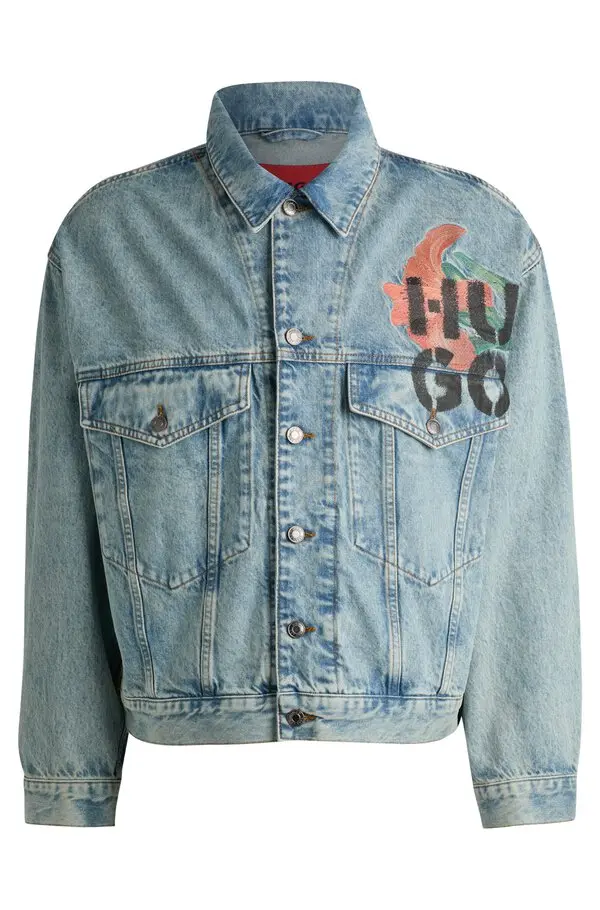 Hugo Regular-fit Denim Jacket With Floral Logo