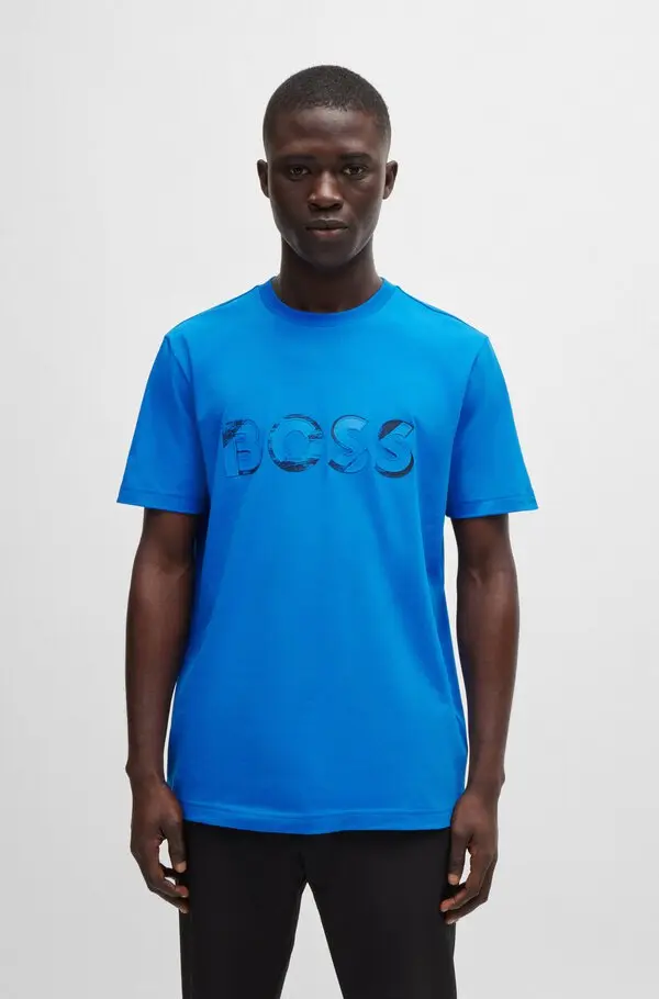 BOSS Stretch-cotton Short-sleeved T-shirt With Logo Artwork - Light Blue