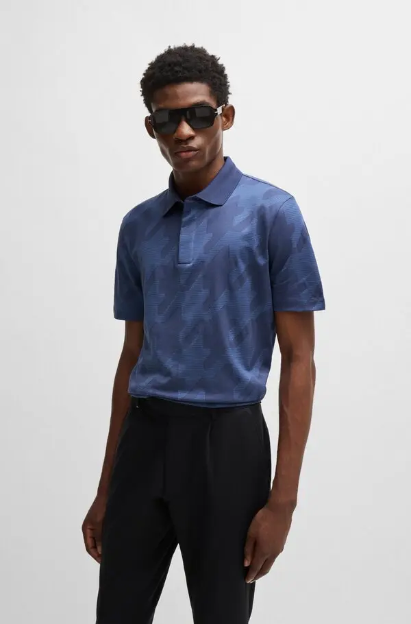 BOSS Mercerized-cotton Slim-fit Polo Shirt With Houndstooth Jacquard - Dark Blue
