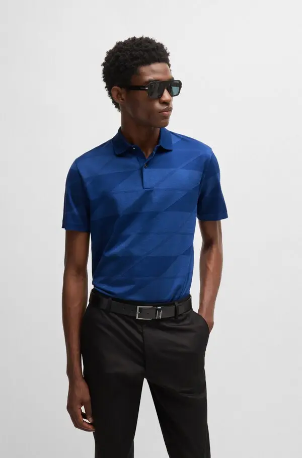 BOSS Mercerized-cotton Polo Shirt With Jacquard Pattern - Light Blue