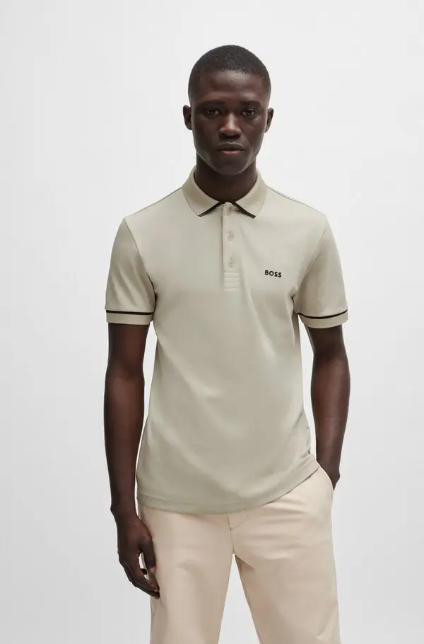 BOSS Interlock-cotton Slim-fit Polo Shirt With Contrast Trims - Light Beige