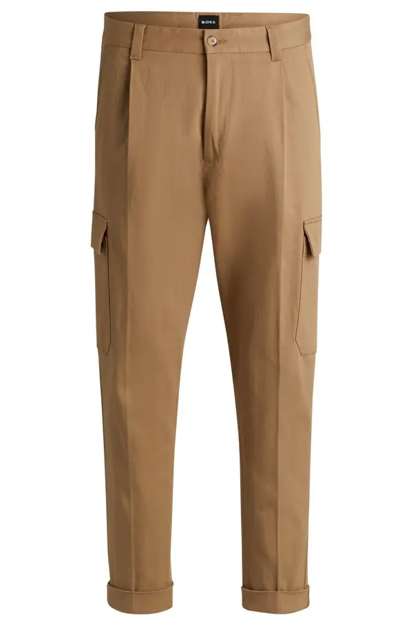 BOSS Slim-fit Cargo Trousers In Herringbone Stretch Cotton - Light Beige