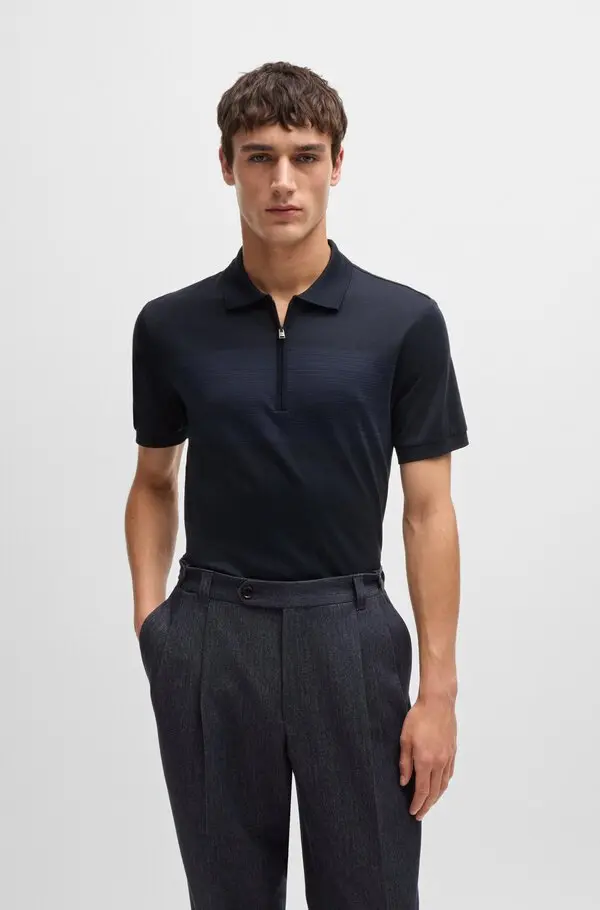BOSS Silk-cotton Polo Shirt With Zip Placket In Regular Fit - Dark Blue
