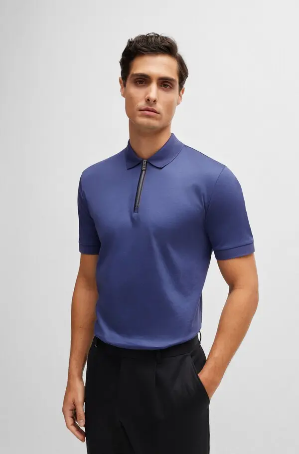 BOSS Mercerized-cotton Slim-fit Polo Shirt With Zip Placket - Dark Blue