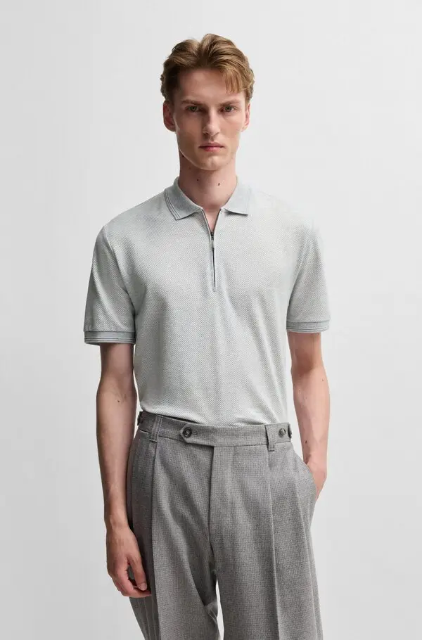 BOSS Zip-neck Polo Shirt In Cotton And Silk - Light Grey
