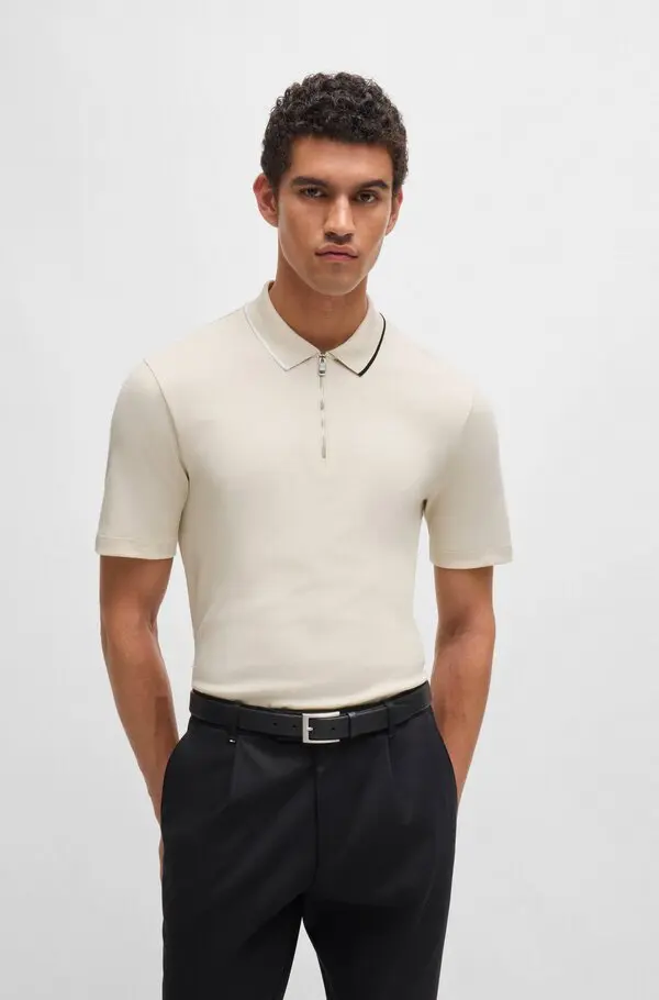 BOSS Zip-neck Polo Shirt In Interlock Cotton - White