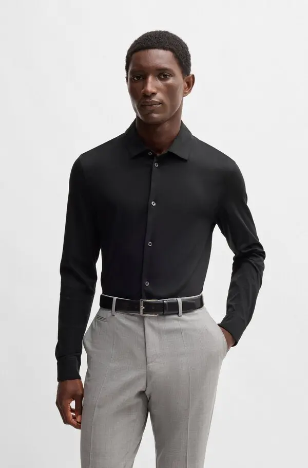 BOSS Slim-fit Long-sleeved Shirt In Mercerized Cotton - Black